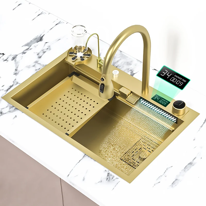 Waterfall Kitchen Sink Gold Stainless Steel Sink Multifuctional Sink ...