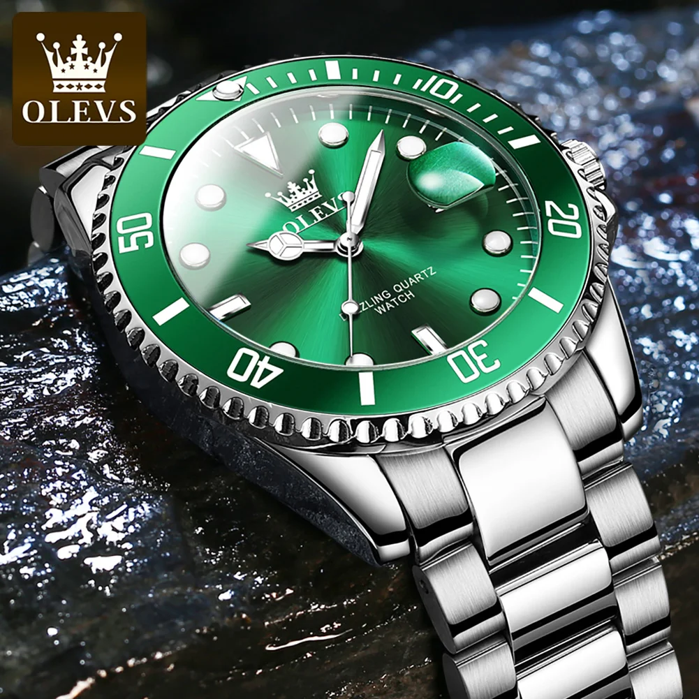 OLEVS-Men-s-Watches-Green-Dial-Waterproof-Stainless-Steel-Strap ...