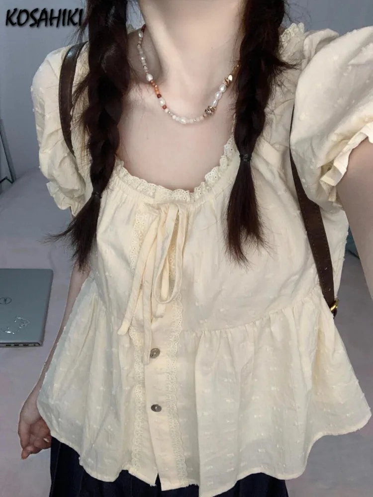 Sweet Bandage Blouse Women Ruffled Harajuku Single Breasted Tops Y2k ...