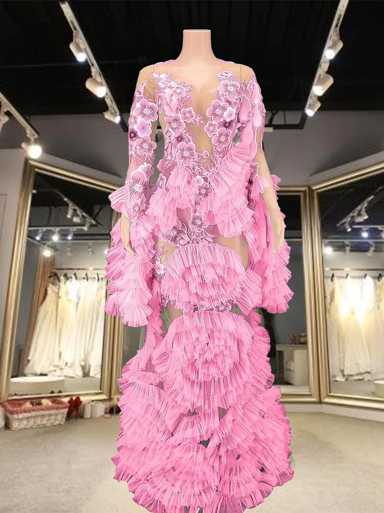 Robe à fleurs 3D en maille rose sexy, costume de soirée rave ...
