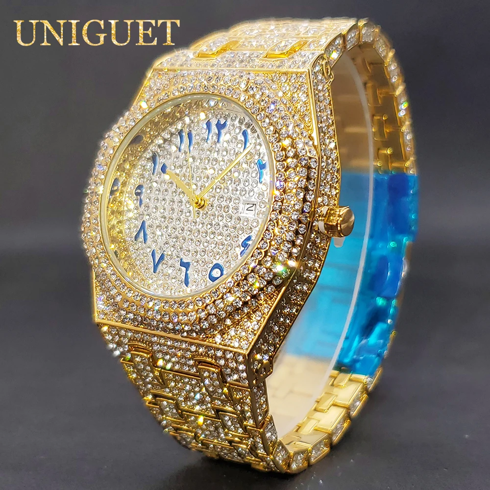 Gold Watch For Men Full Diamond Hip Hop Iced Out Men's Watches Blue ...
