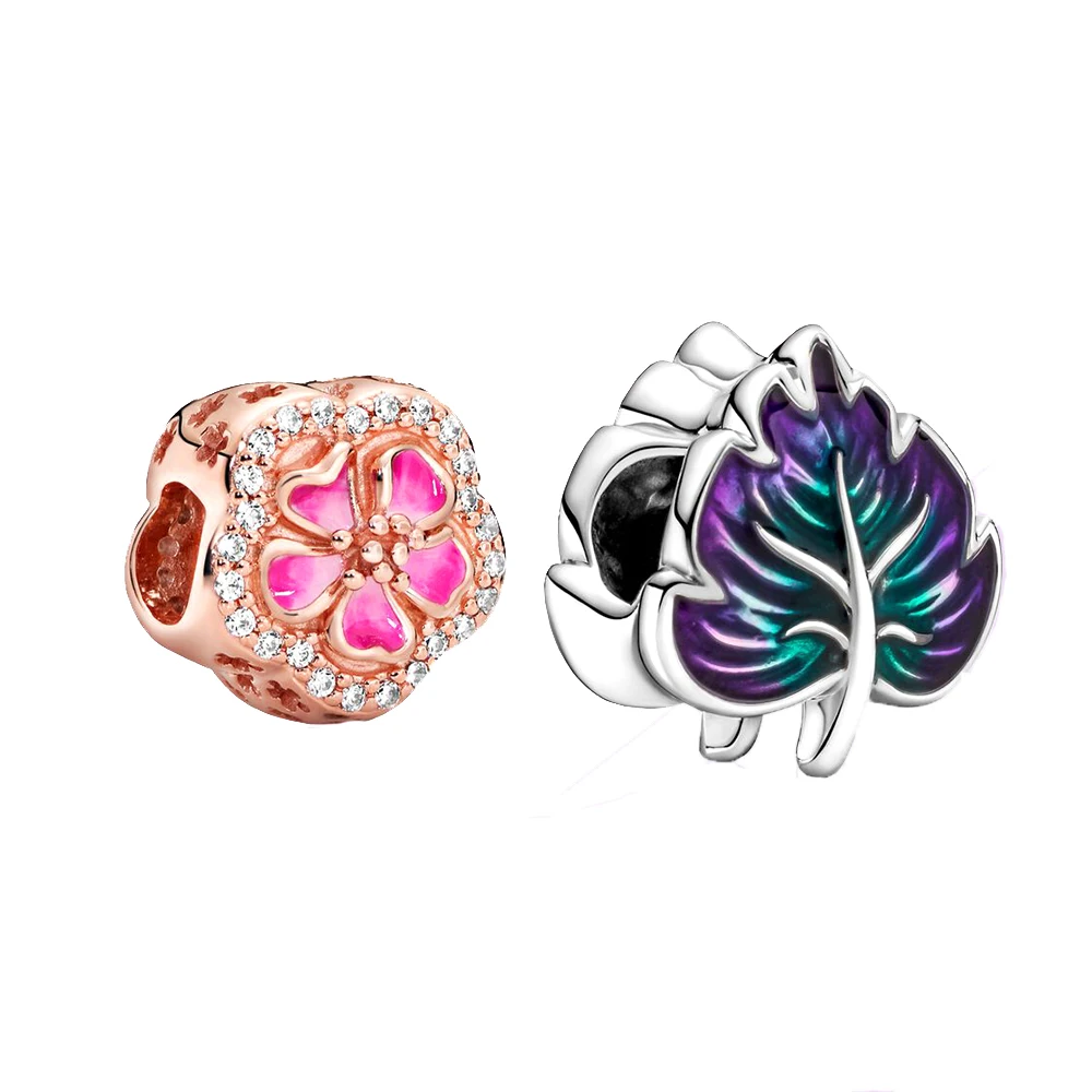 Pandora-925-Sterling-Silver-Purple-Green-Leaf-Pink-Sparkling-Peach ...