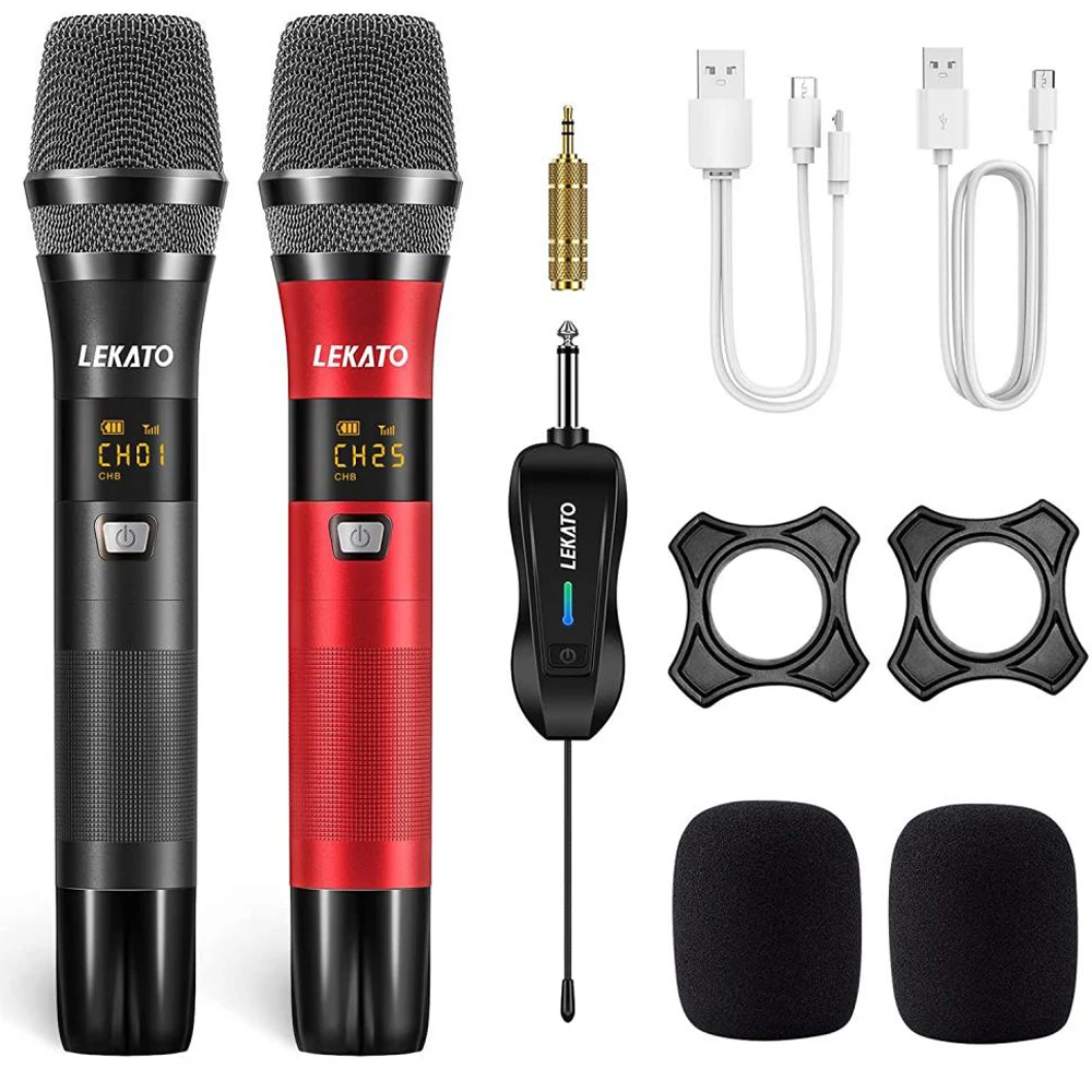 LEKATO Rechargeable Dual Wireless Microphone Cordless Metal Microphone ...