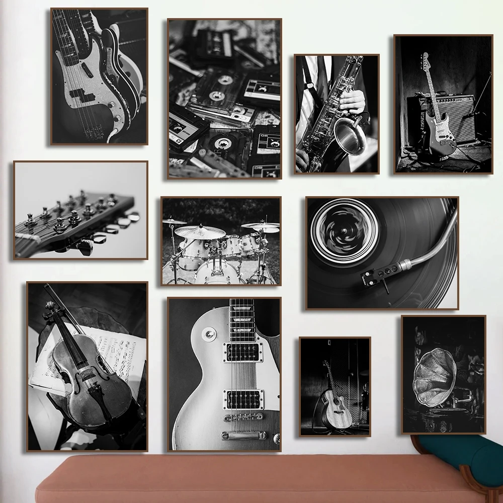 Black and White Photo Drums Guitar Records Albums Violin Canvas ...