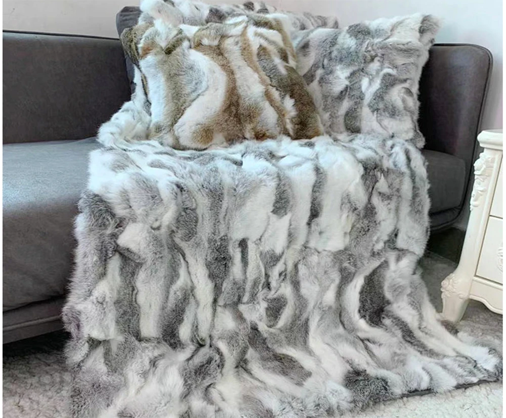 Natural Rabbit Fur Throw for Bedroom, Real Rabbit Fur Blanket, Luxury ...