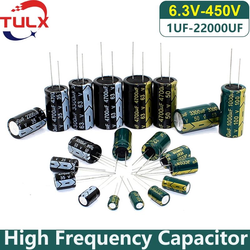Capacitor eletrolítico de alumínio, alta frequência, 6.3V, 10V, 16V, 25V, 35V, 50V, 63V, 100V ...