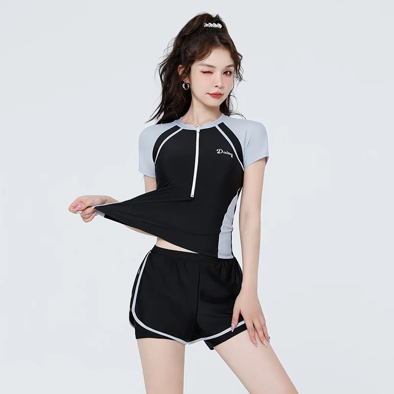 New-Short-Sleeve-High-Waist-Two-Pieces-Swimwear-Women-Swimsuit-Hot ...