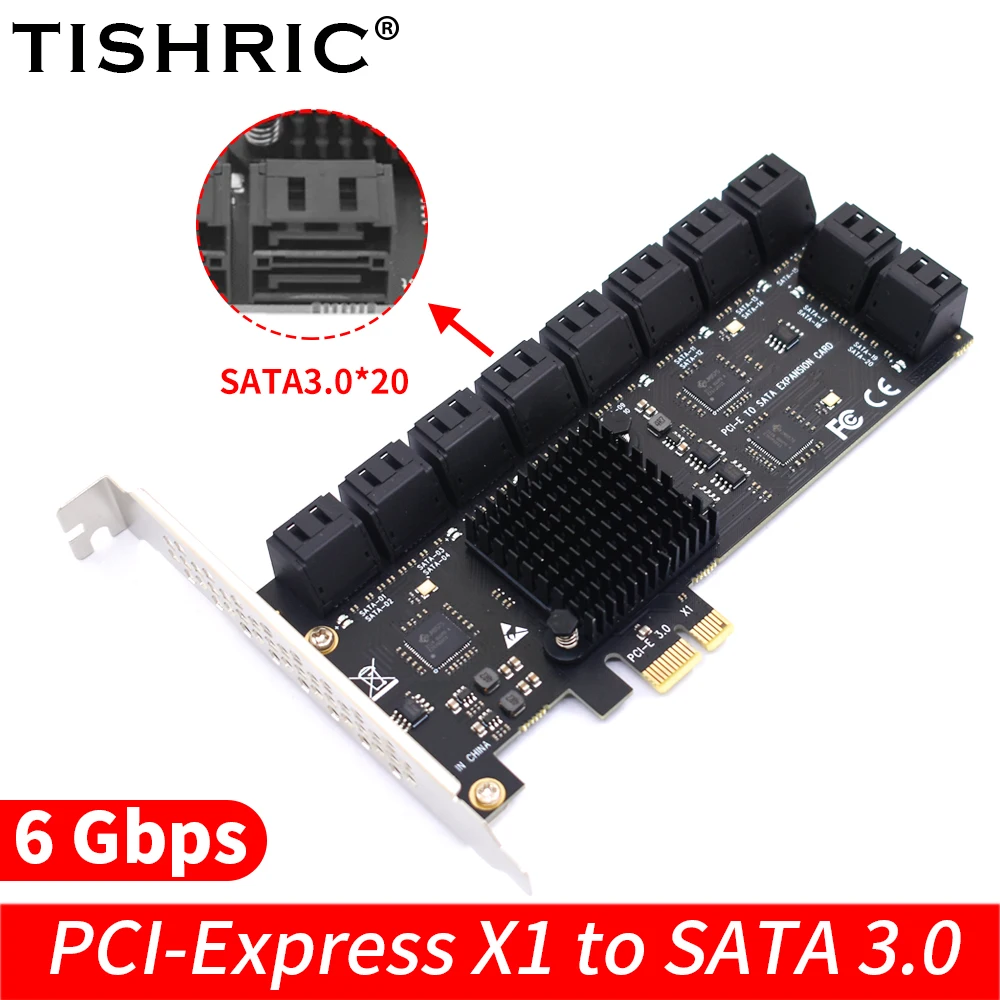 TISHRIC PCIE Sata 어댑터 1x ~ 20 포트 X1 X16 PCIE SATA3.0 PCI Express 확장 카드 ...