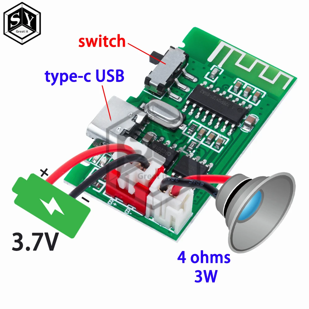 4 OHMS 3W Mono Bluetooth Power Amplifier PCBA Battery Charging Function ...