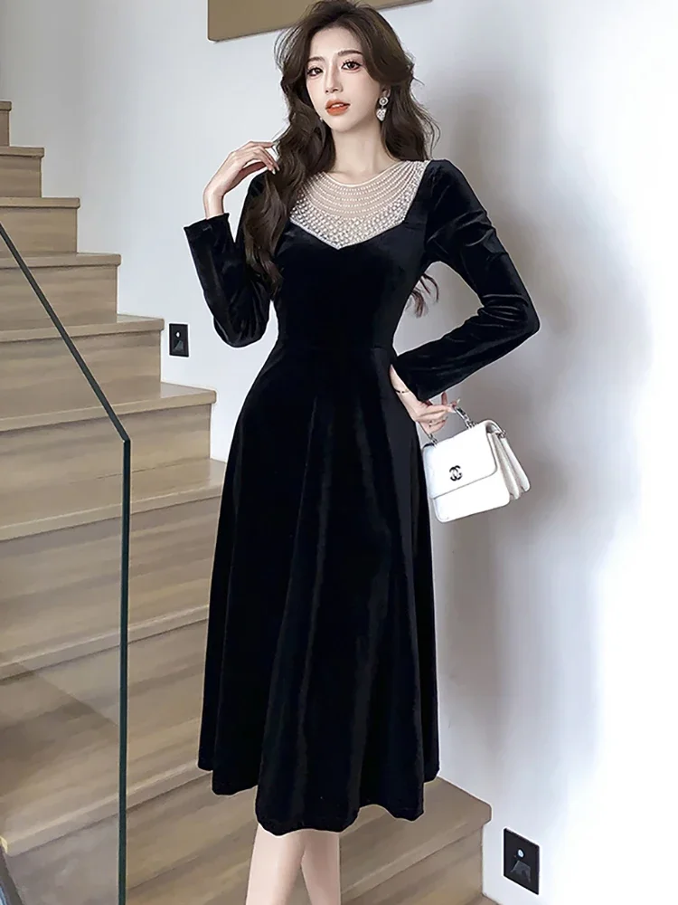 Autumn-Winter-Black-Velvet-Patchwork-Beading-Luxury-Dress-Women-Elegant ...