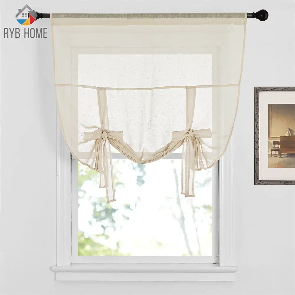 RYB-HOME-1PC-Tie-Up-Shade-Rod-Pocket-Sheer-Curtain-Modern-Solid ...