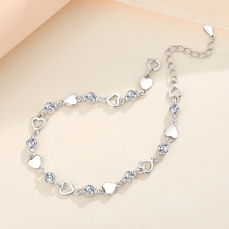 925-Sterling-Silver-Heart-Shaped-Bracelet-For-Women-Retro-Korean ...