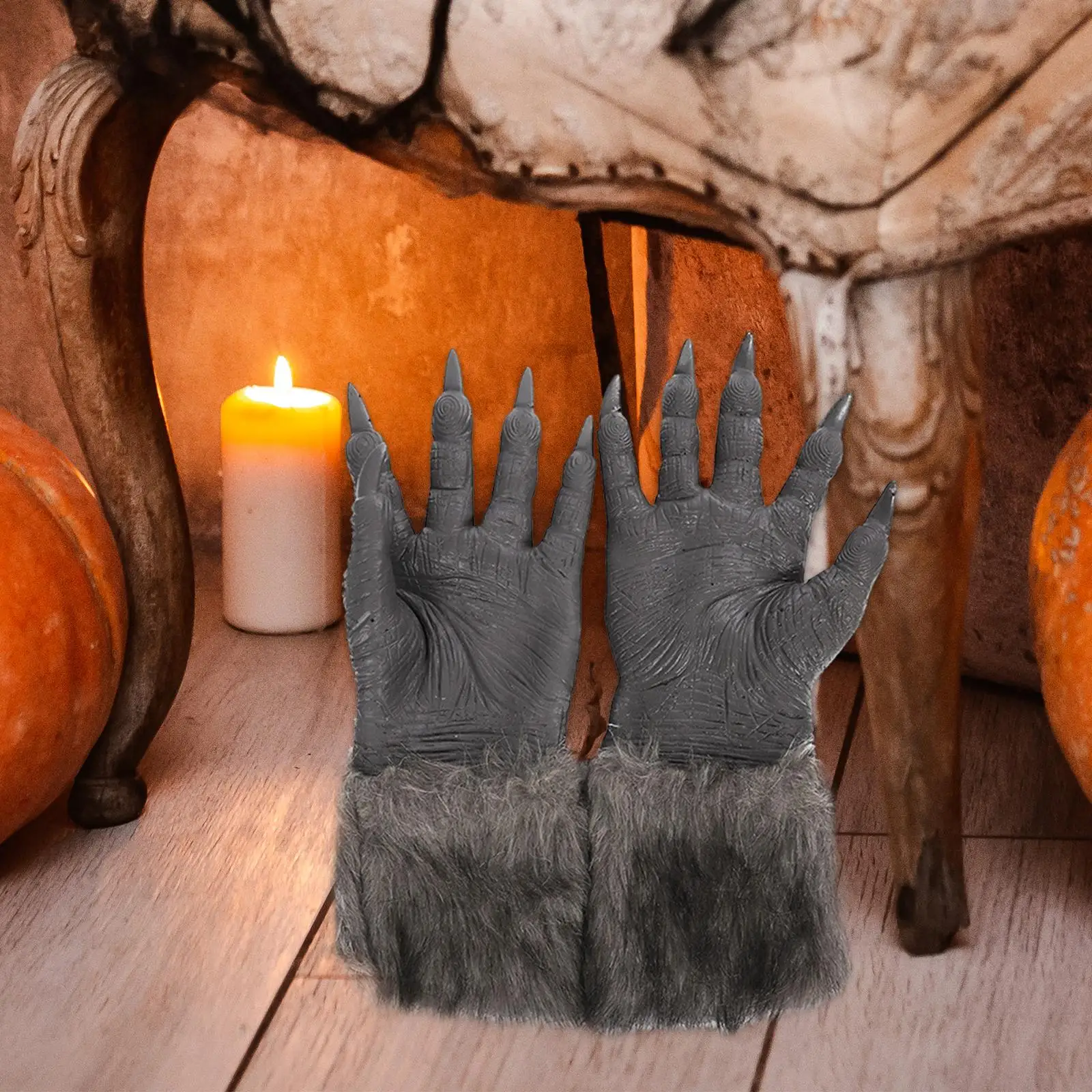 Werewolf Gloves Adult Scary Monster Grey Costume Props Long Nails Hairy ...