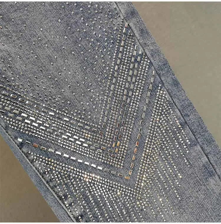 Fashion Rhinestone Skinny Women's Stretch High Waist Cropped Jeans