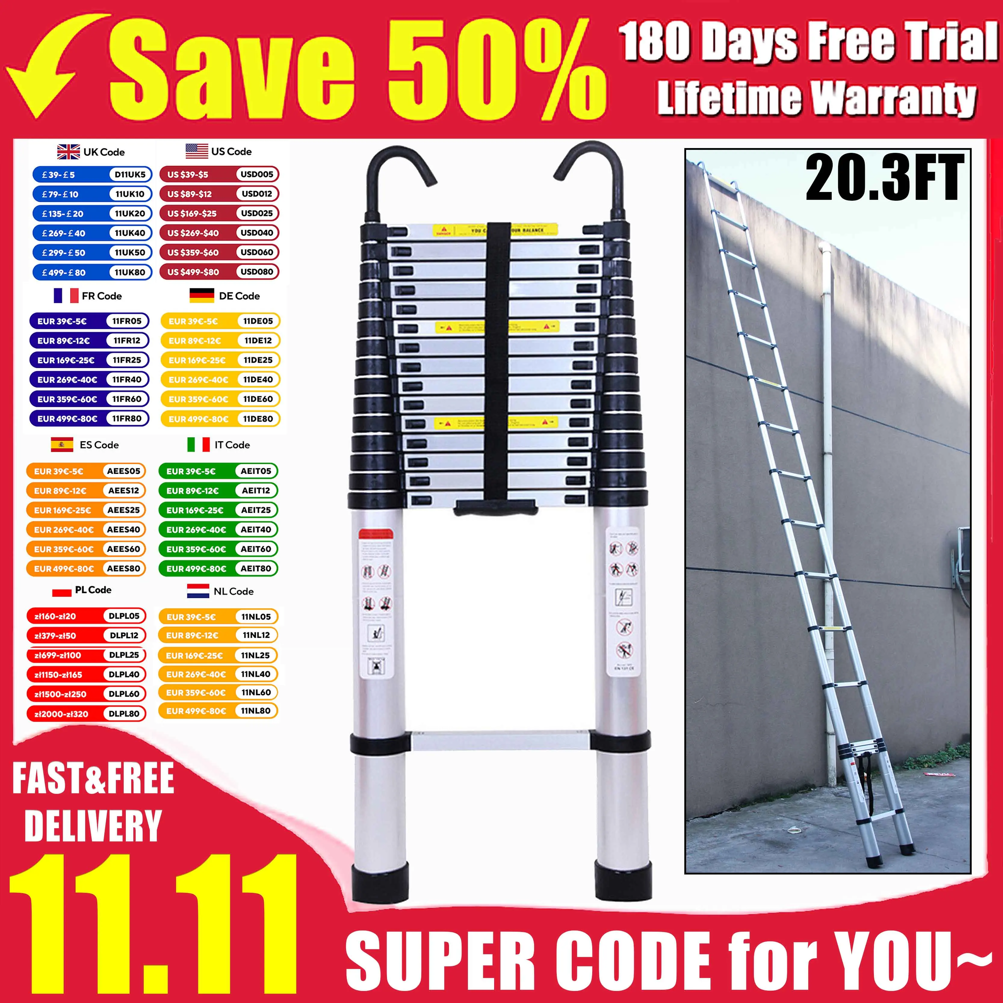 6-2m-20-3ft-Heavy-Duty-Telescopic-Ladder-with-Removable-Hook-Aluminum ...