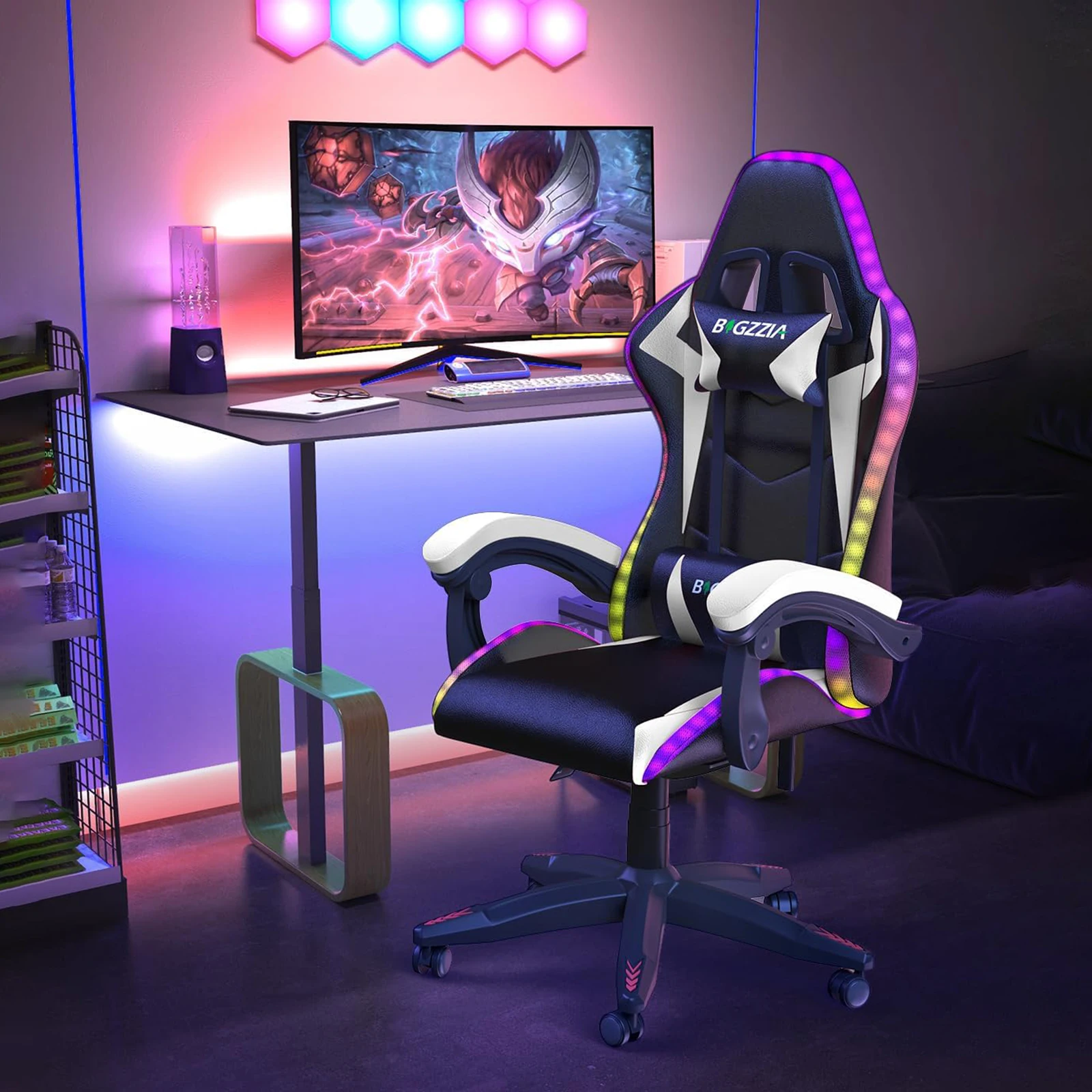 RGB-Gaming-Chair-LED-Lights-Ergonomic-Computer-Chair-Reclining-PU ...