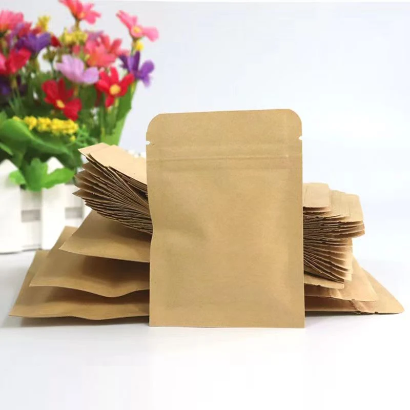 100Pcs Thick Flat Brown Kraft Paper Zip Lock Storage Pouches Nut Grain ...