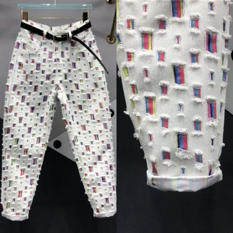 White-Ripped-Color-Patch-Jeans-New-Spring-Autumn-Women-Denim-Trousers ...