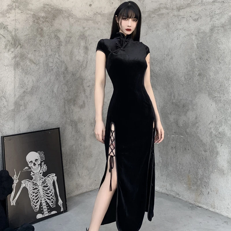 Vintage Black Bandage Chinese Style Cheongsam High Split Velvet Dress ...