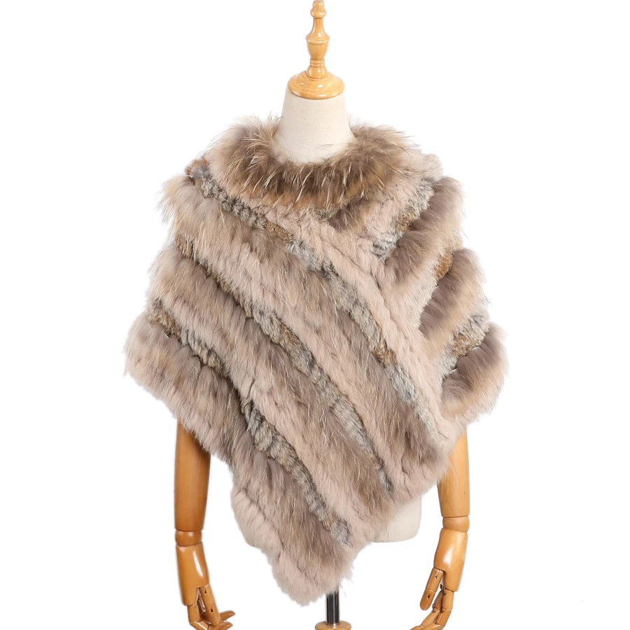 Antumn-Poncho-de-piel-de-mapache-aut-ntica-para-mujer-capa-de-punto-de ...