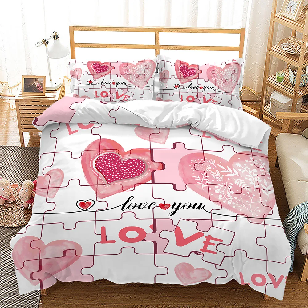 Pink-Love-Heart-Bedding-Set-Soft-Polyester-Bed-Linen-with-Pillowcase ...