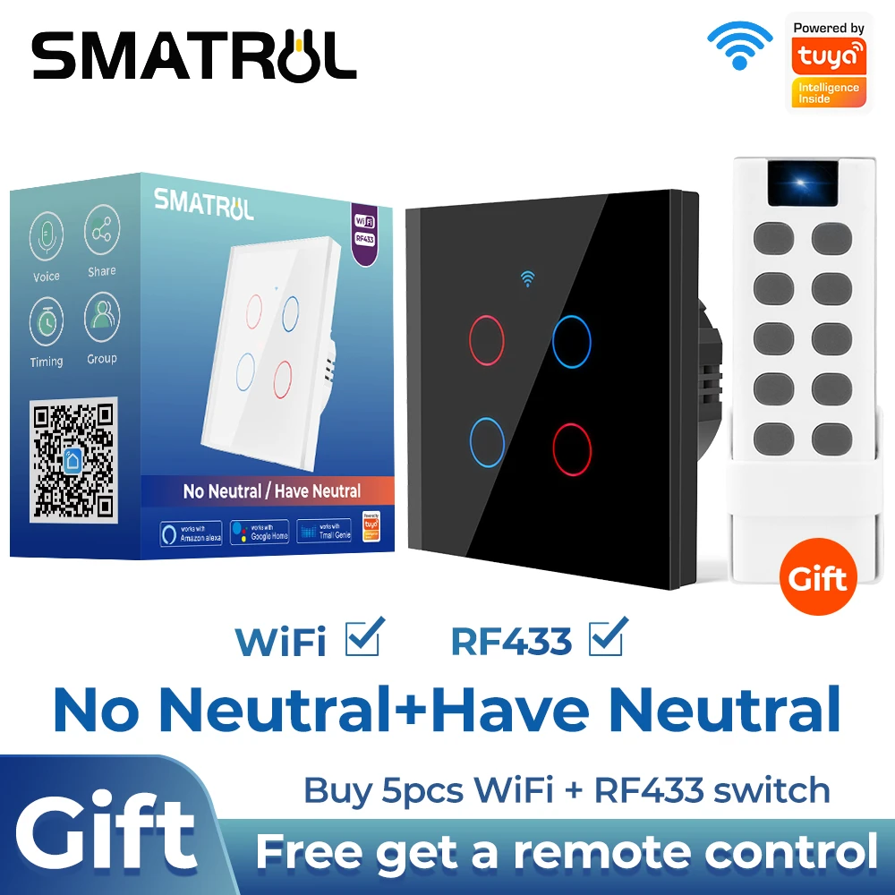 Smatrul Tuya Wifi Touch Smart Switch Light Without Neutral Wire Glass ...
