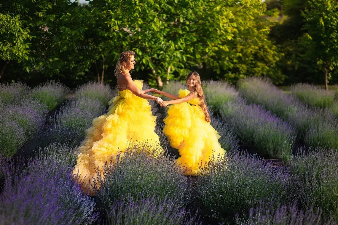 Yellow Mommy and Me Long Dress Puffy Ruffles Tulle Tiered Princess ...