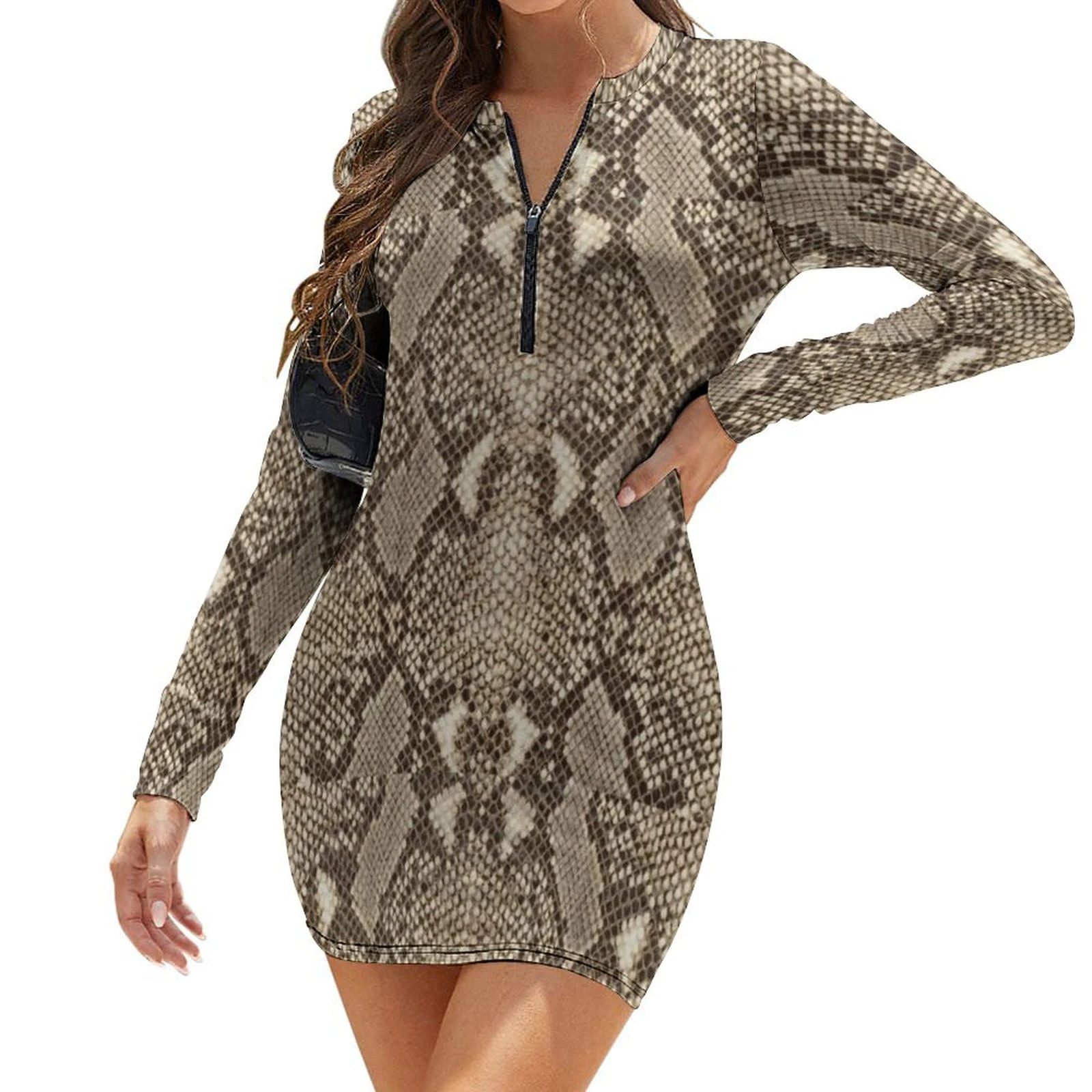 Brown Snakeskin Dress Long Sleeve Animal Skin Print Basic Dresses ...