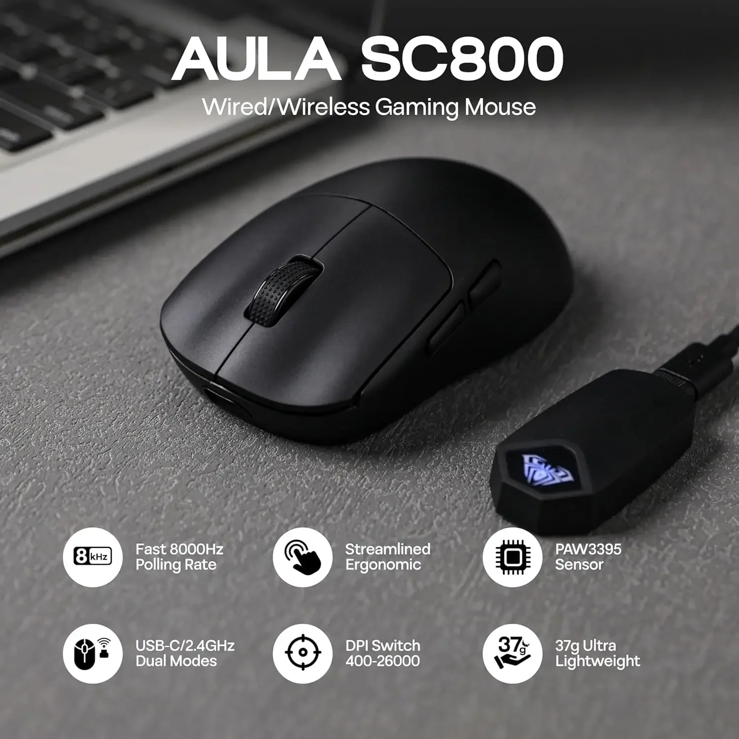 AULA SC800 Gaming Mouse USB-C Wired/2.4G 37g Lightweight 8K Paw3395 ...