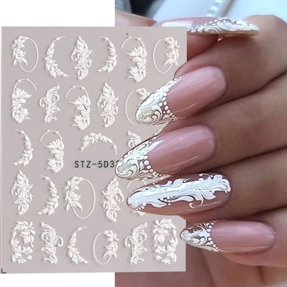 5D Embossed Nail Sticker White Wedding Flower Lace Design Adhesive ...