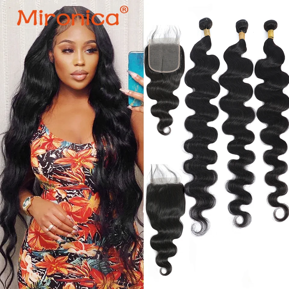 Brazilian Human Hair Bundles with Closure Body Wave 3/4 36 38 40 Inches ...