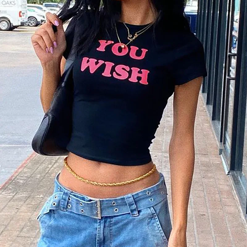 2000s Cute Pink Letter Print Black Tees Shirt Y2k Streetwear Vintage Fairy Crop Top E-girl ...