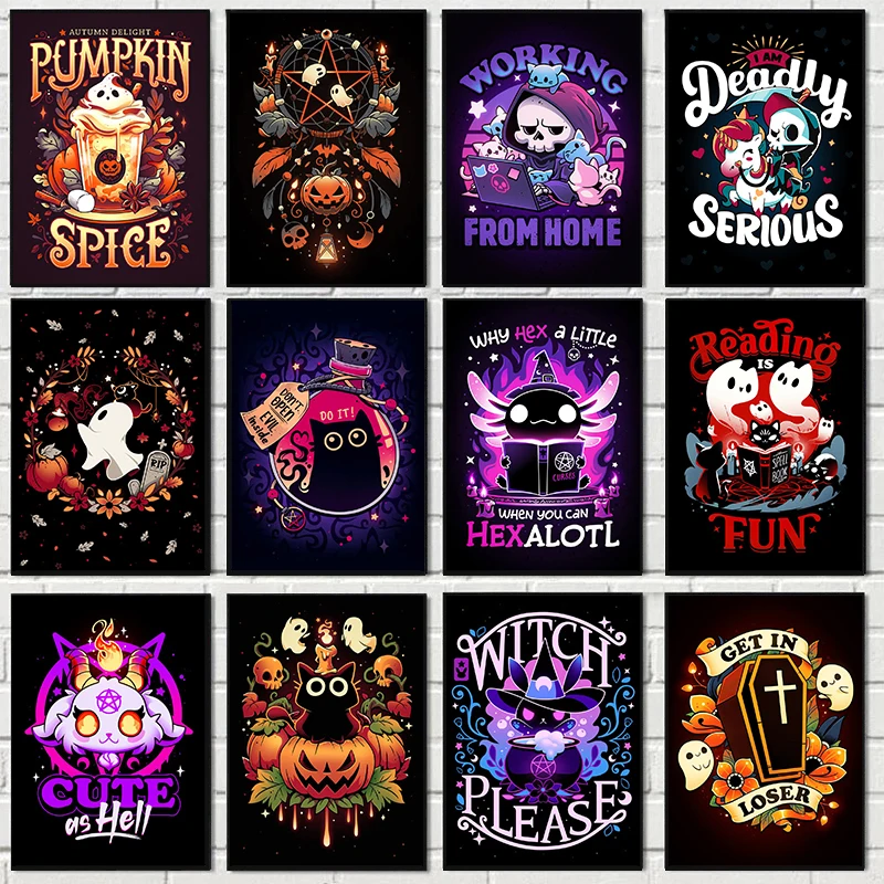 Funny-Spooky-Halloween-Wall-Decorations-Poster-Pumpkin-Black-Cat-Canvas ...