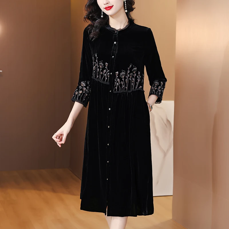 Korean-Vintage-Luxury-Party-Evening-Dress-Autumn-Embroidery-Velvet-Long ...