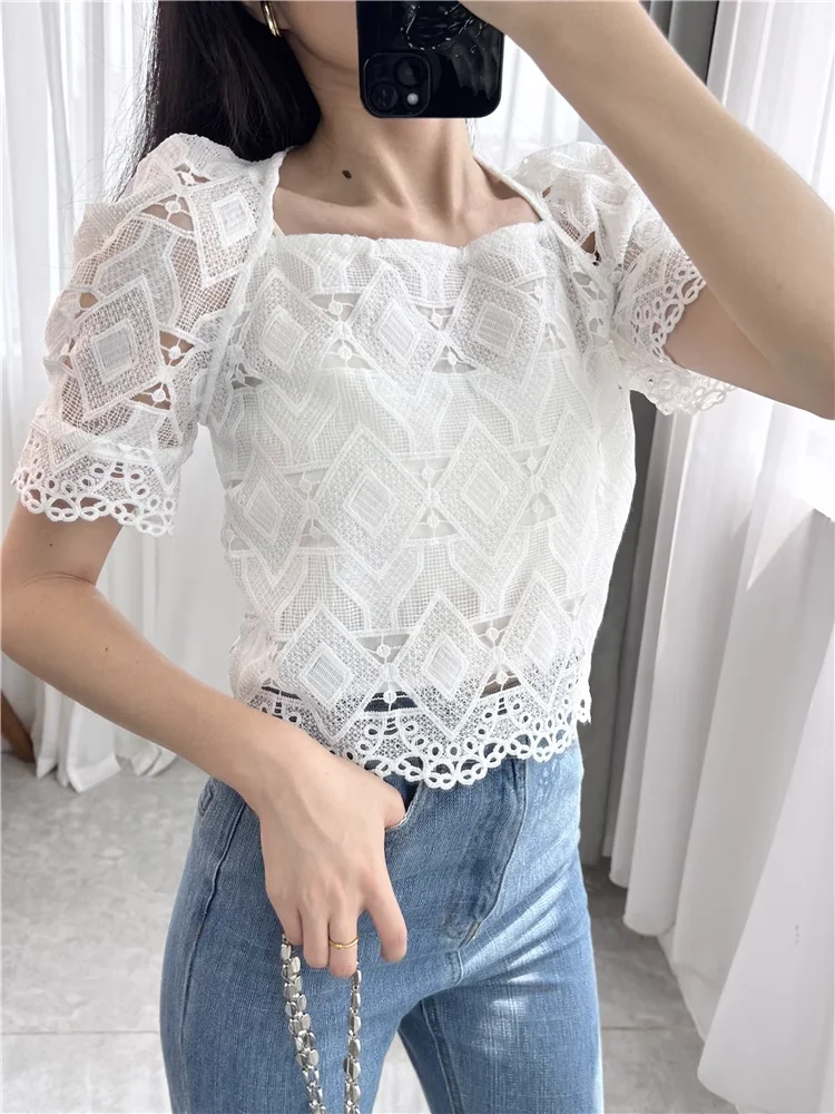New-2023-Women-T-shirt-Summer-Square-collor-Lace-Light-luxury-Geometry ...