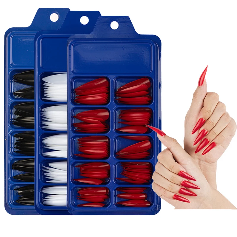100pcs Sharp Press On Nails Punk Fake Nails Black Long Stiletto ...