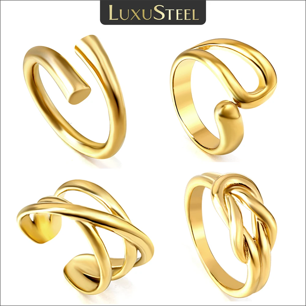 LUXUSTEEL-Luxury-Geometric-Rings-For-Women-Korean-Style-Golden-Color ...