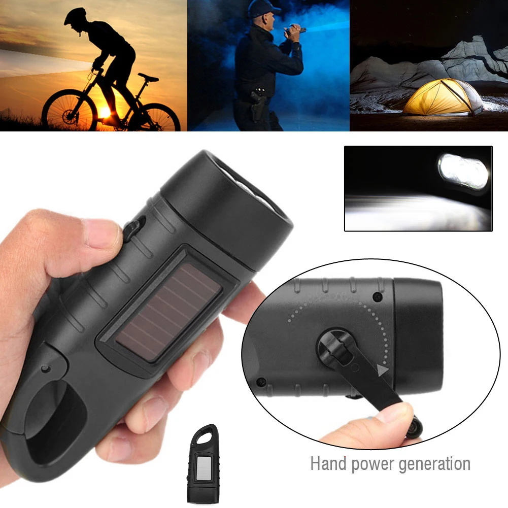 Led Flashlight Hand Crank Solar Powered Rechargeable Survival Gear Self Powered Charging Torch ...