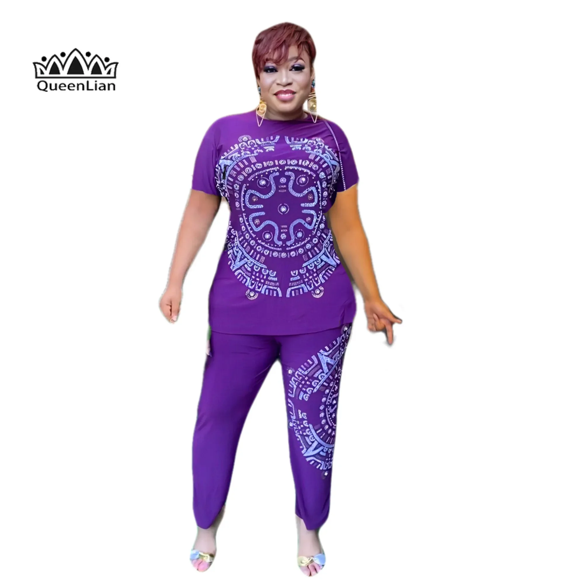 Plus Size Bohemian Style Baroque Print Set Fashionable Short Sleeves