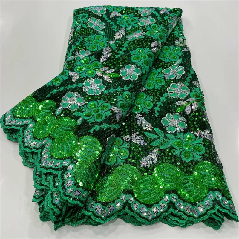 Green African French Net Lace Fabric With Sequins Embroidered Nigerian ...