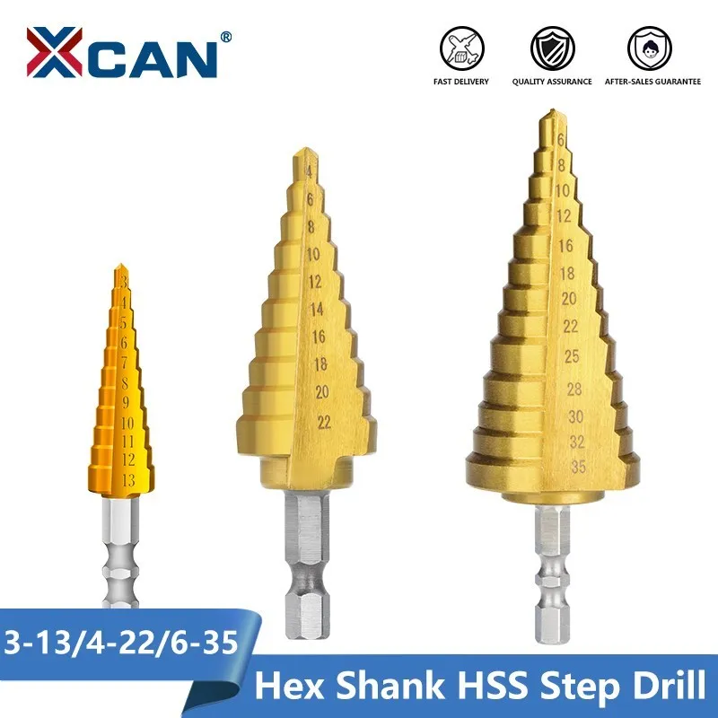 XCAN Step Drill Bit 1 Piece 3-13 4-22 6-35mm Hex Shank High Speed Steel ...