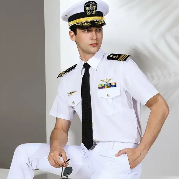 US Sailor's Shirt Men Naval Officer Summer Uniform White Blouse Captain ...