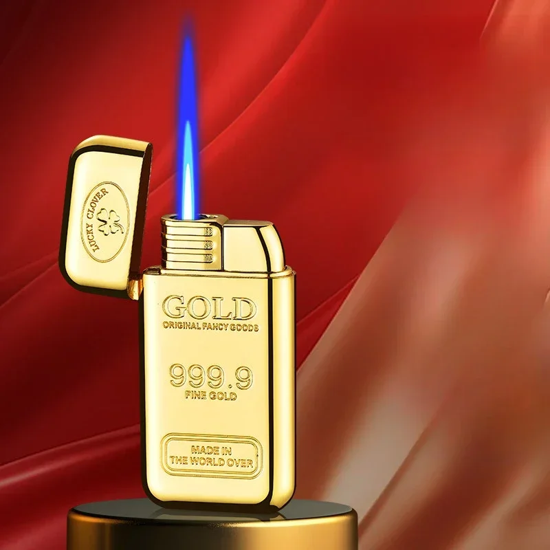 Metal Creative Gold Brick Windproof Jet Blue Flame Torch Gas Lighter ...