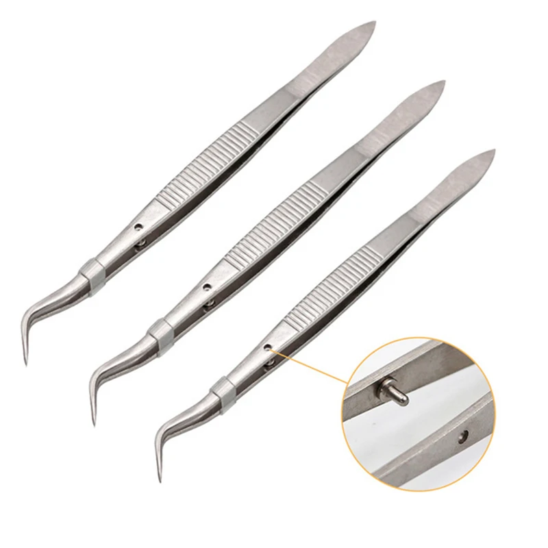 3pcs Stainless Steel Dental Surgical Tweezers Pincers Serrated Curved ...