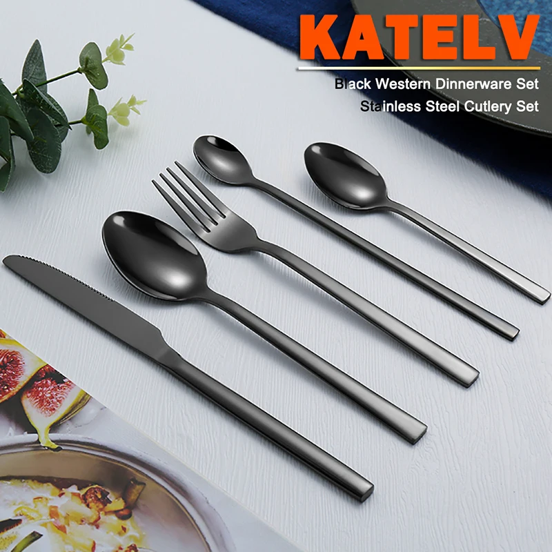 Western Tableware Black Dinnerware Set 6 Pieces Cutlery Set Stainless ...