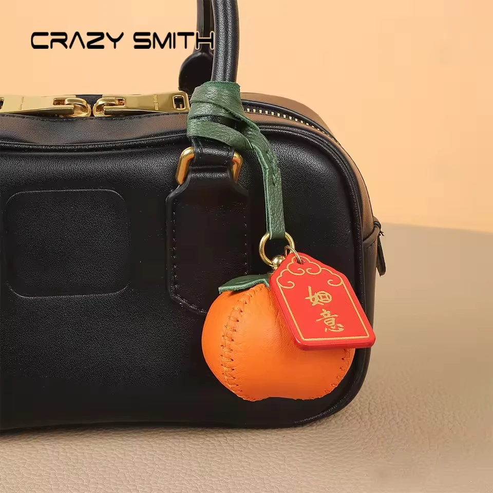 CRAZYSMITH Handmade Genuine Leather Bag Charm Persimmon Keychain Purse ...