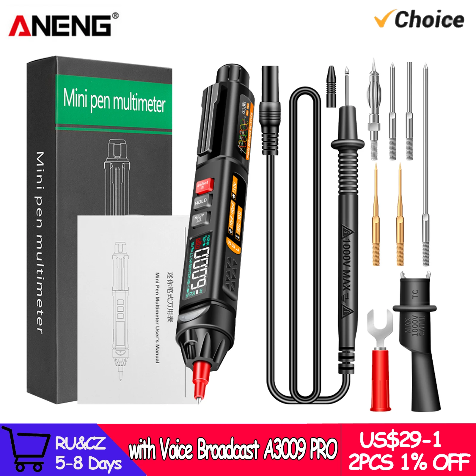 ANENG-A3009-Mini-Pen-Multimeter-Voice-Broadcast-6000Counts-Voltmeter-VA-Reverse-LCD-Flashlight ...