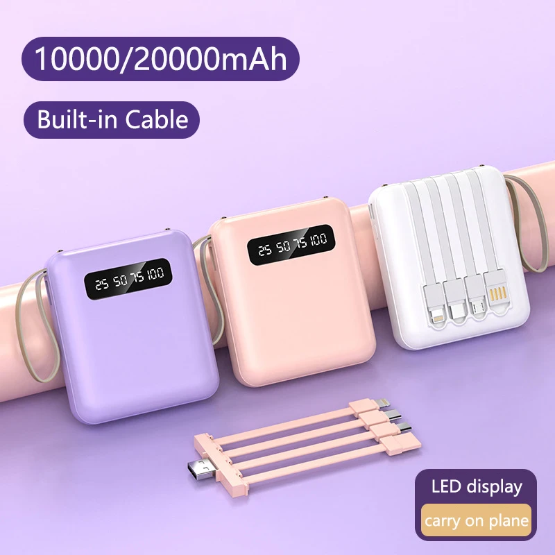 Mini Power Bank 20000mAh With 4 Cable Mobile Phone External Battery ...