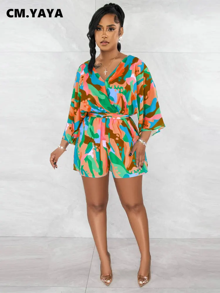 CM.YAYA Women Printed Flare 3/4 Sleeve Wrap V neck with Sashes Flare ...