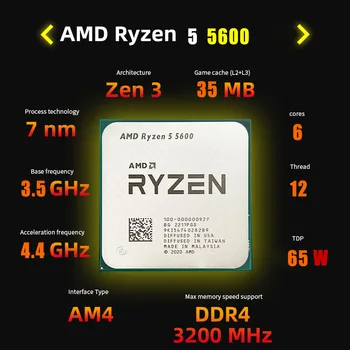 New AMD Ryzen 5 5600 R5 5600 3.5 GHz 6-Core 12-Thread CPU Processor 7NM ...